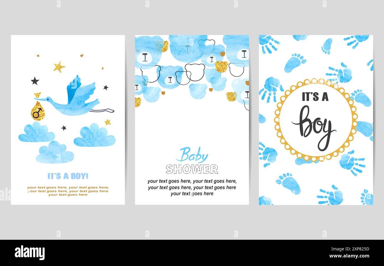 Baby shower boy cards set. Vector invitation birthday party card design ...