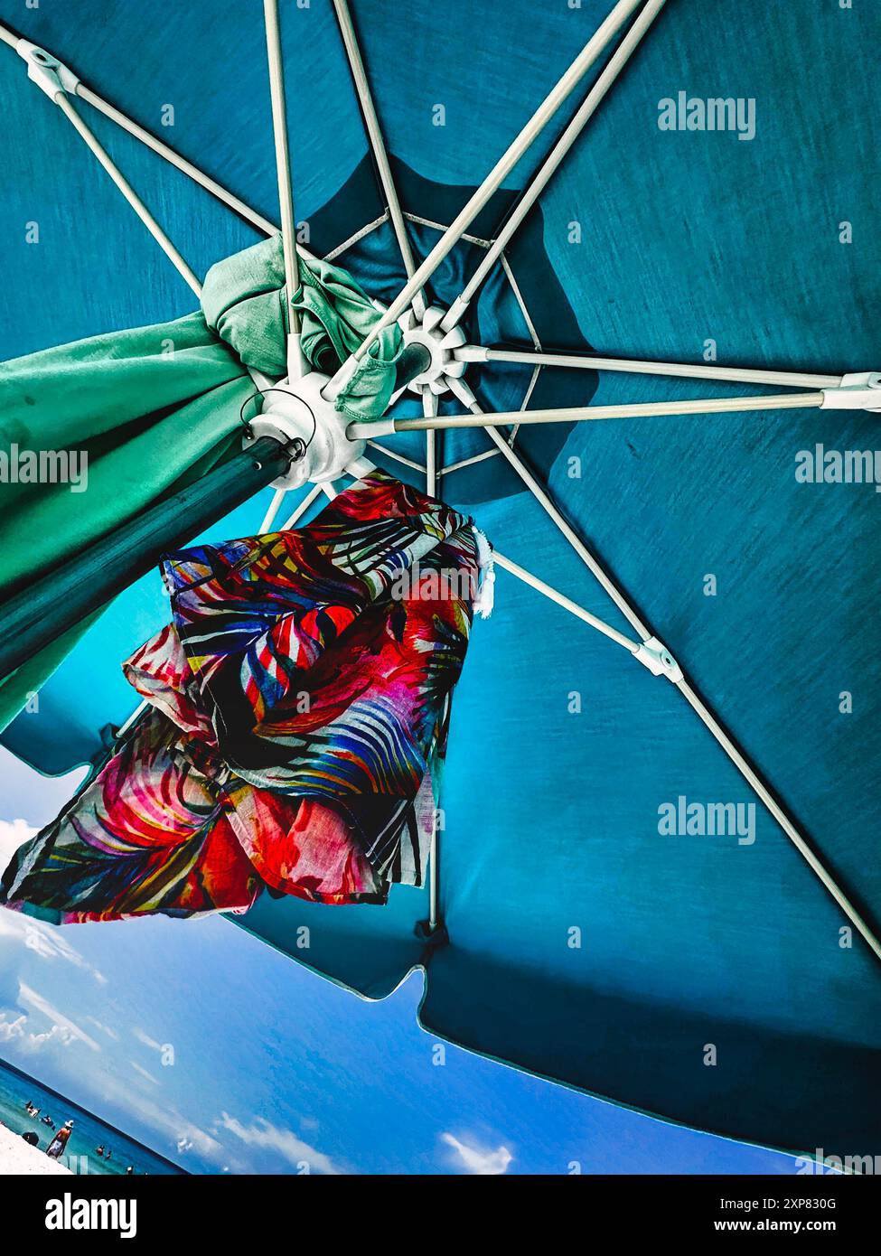 Beach attire drying inside a beach umbrella Stock Photo - Alamy