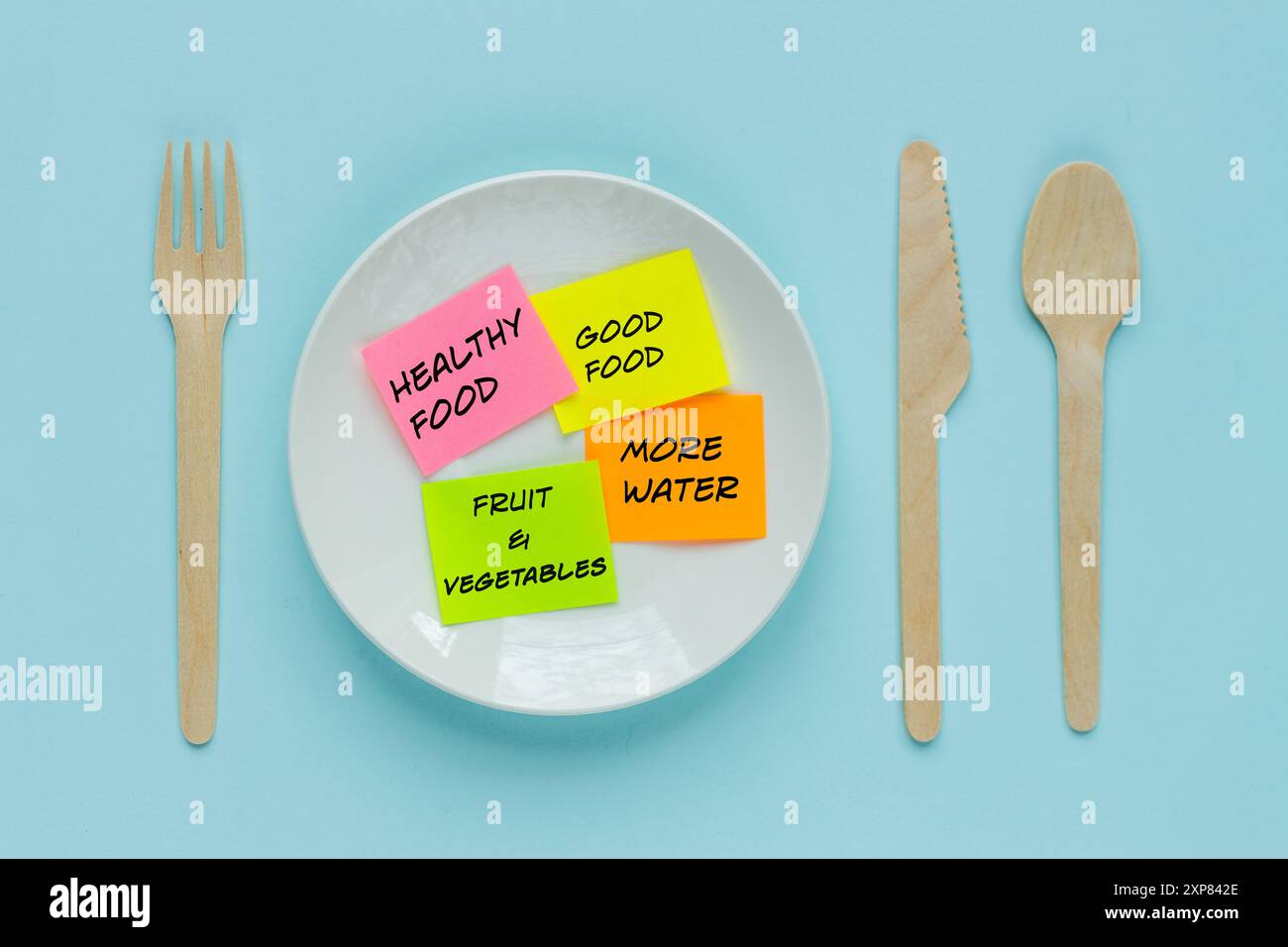 Healthy eating habits. Colorful sticky notes on a plate with the words ...