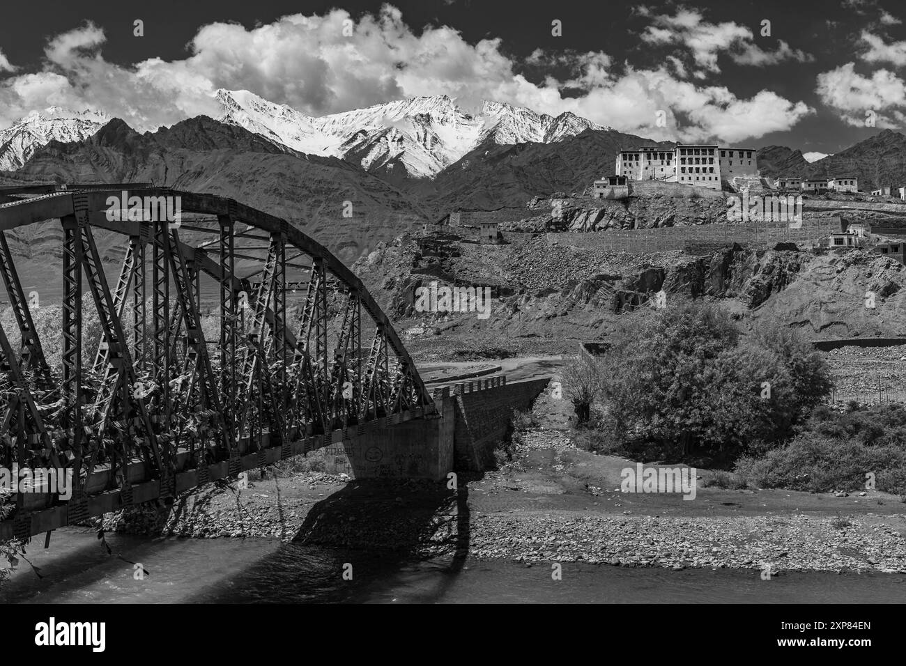 A view of Stakna monastery with Indus River flowing in the foreground ...