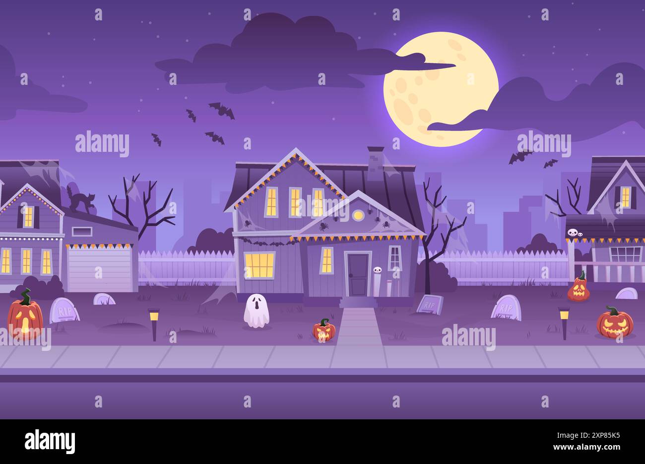 Halloween street background. Night horror mystery landscape. Vector ...