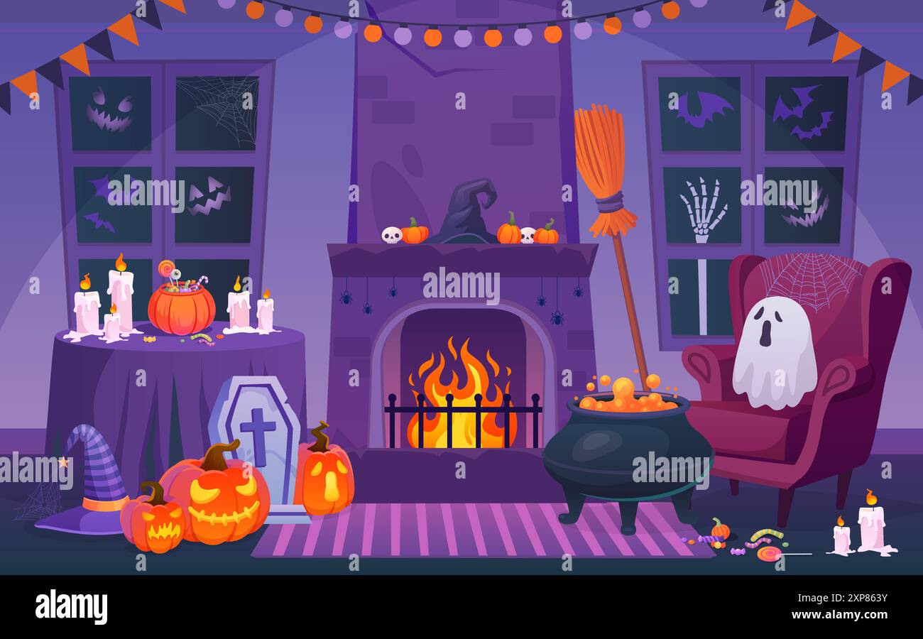 Halloween interior room. House with spooky holiday decoration. Vector ...