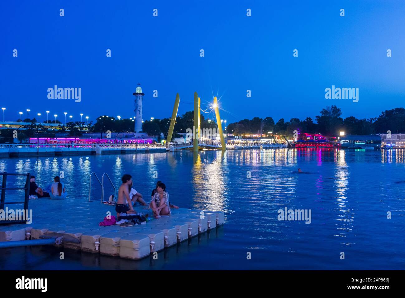 Vienna: float on river Neue Donau (New Danube), floating bridge Ponte ...