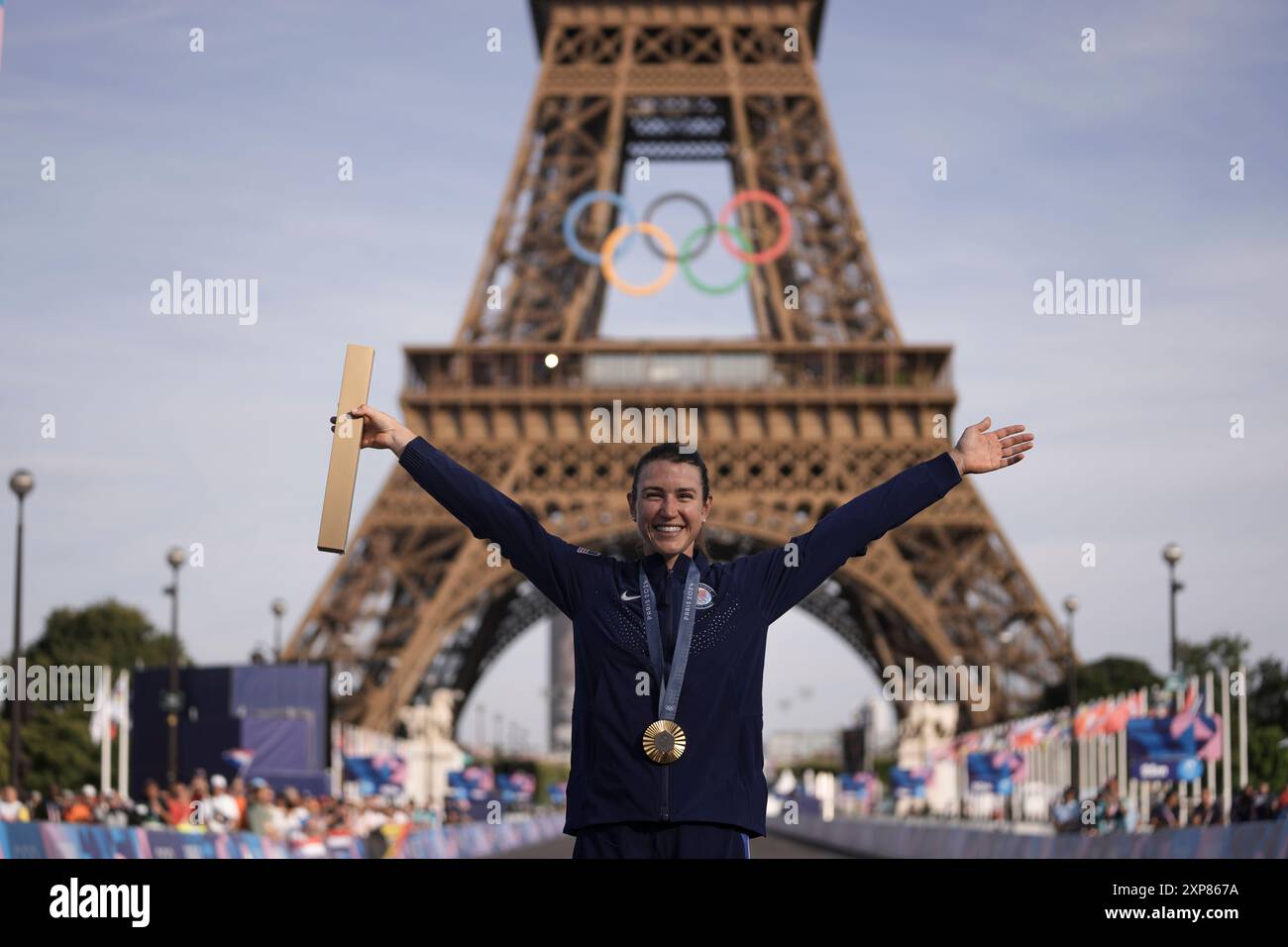 Kristen Faulkner, of the United States, poses with the gold medal of ...