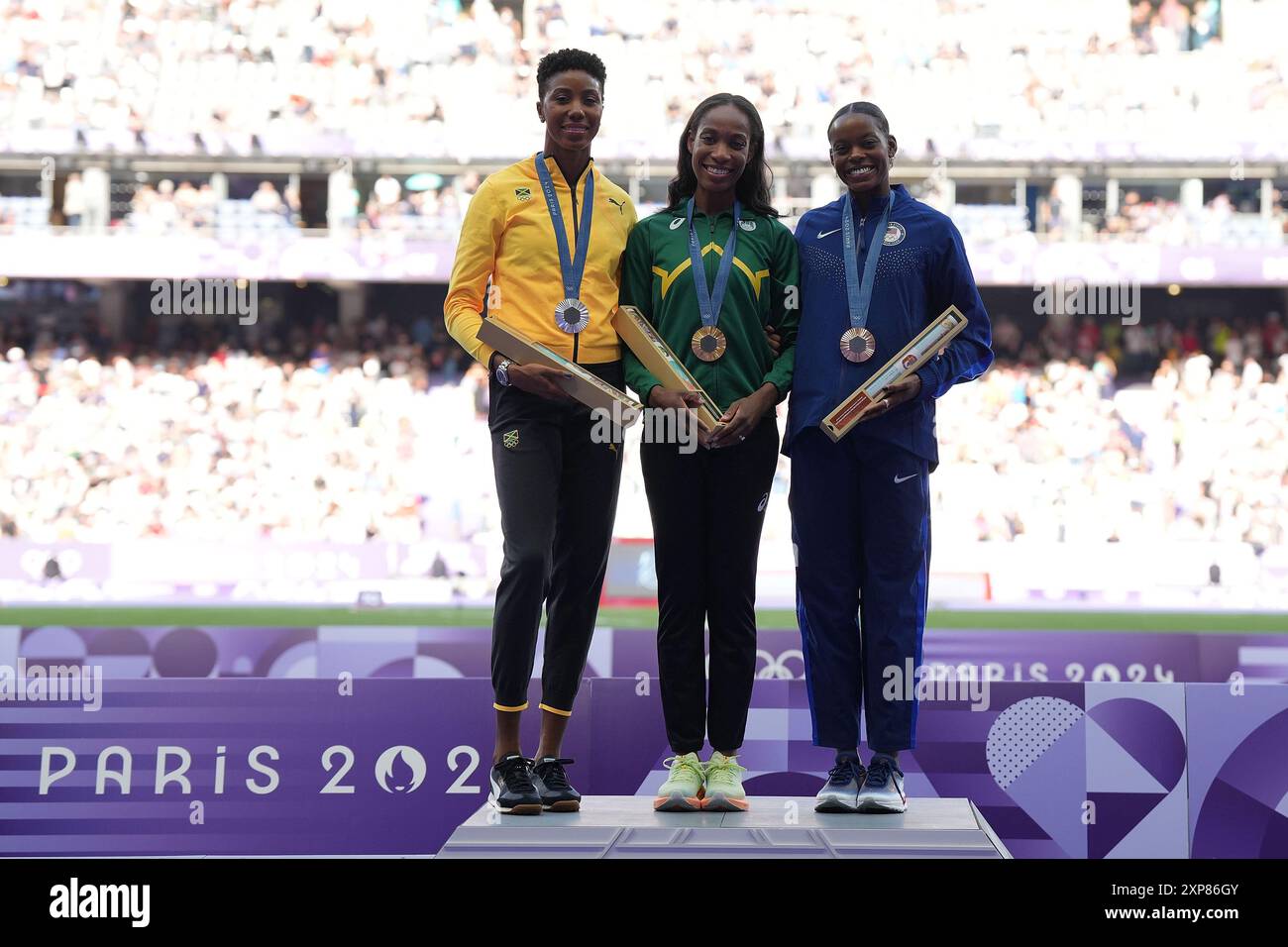 Paris, France. 4th Aug, 2024. Gold medalist Thea Lafond (C) of Dominica ...