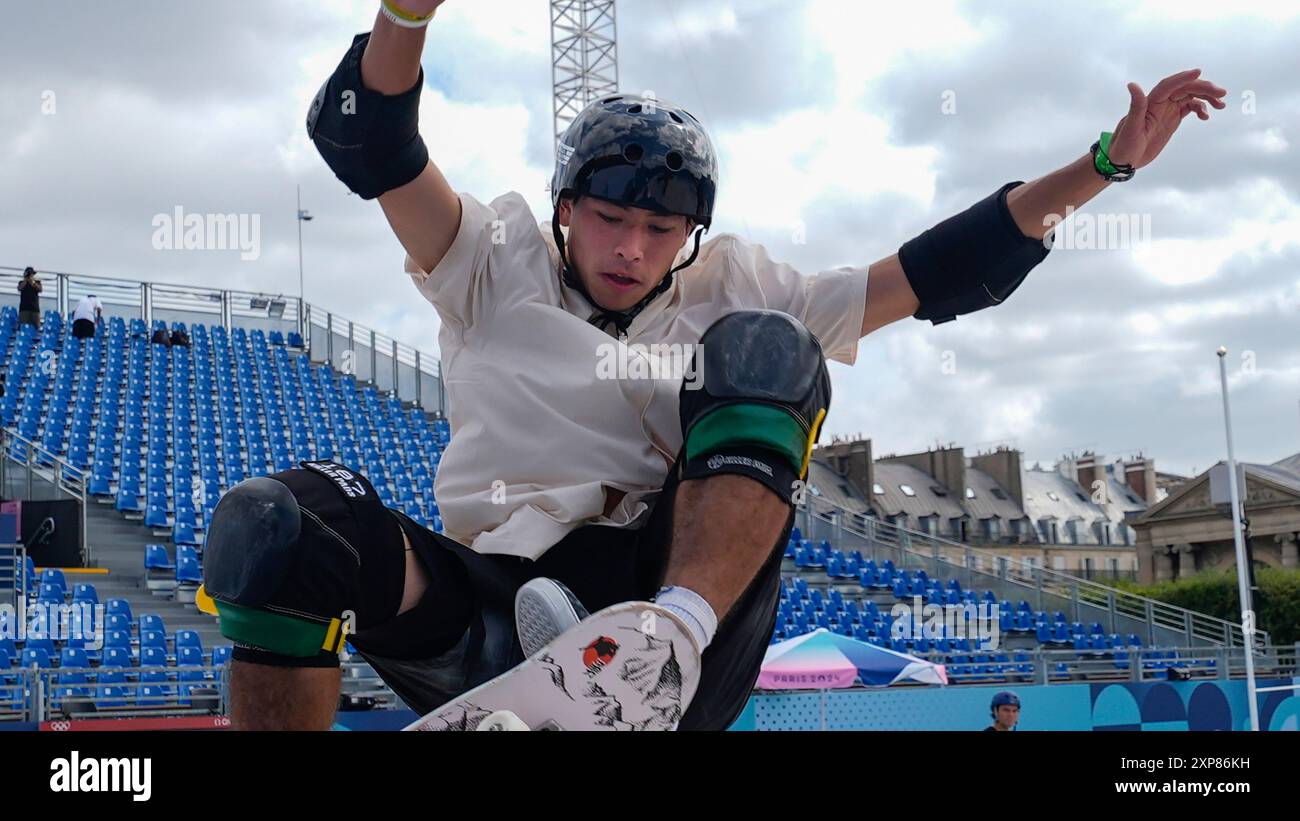 Brazil's Agusto Akio performs during the men's skateboard park practice ...