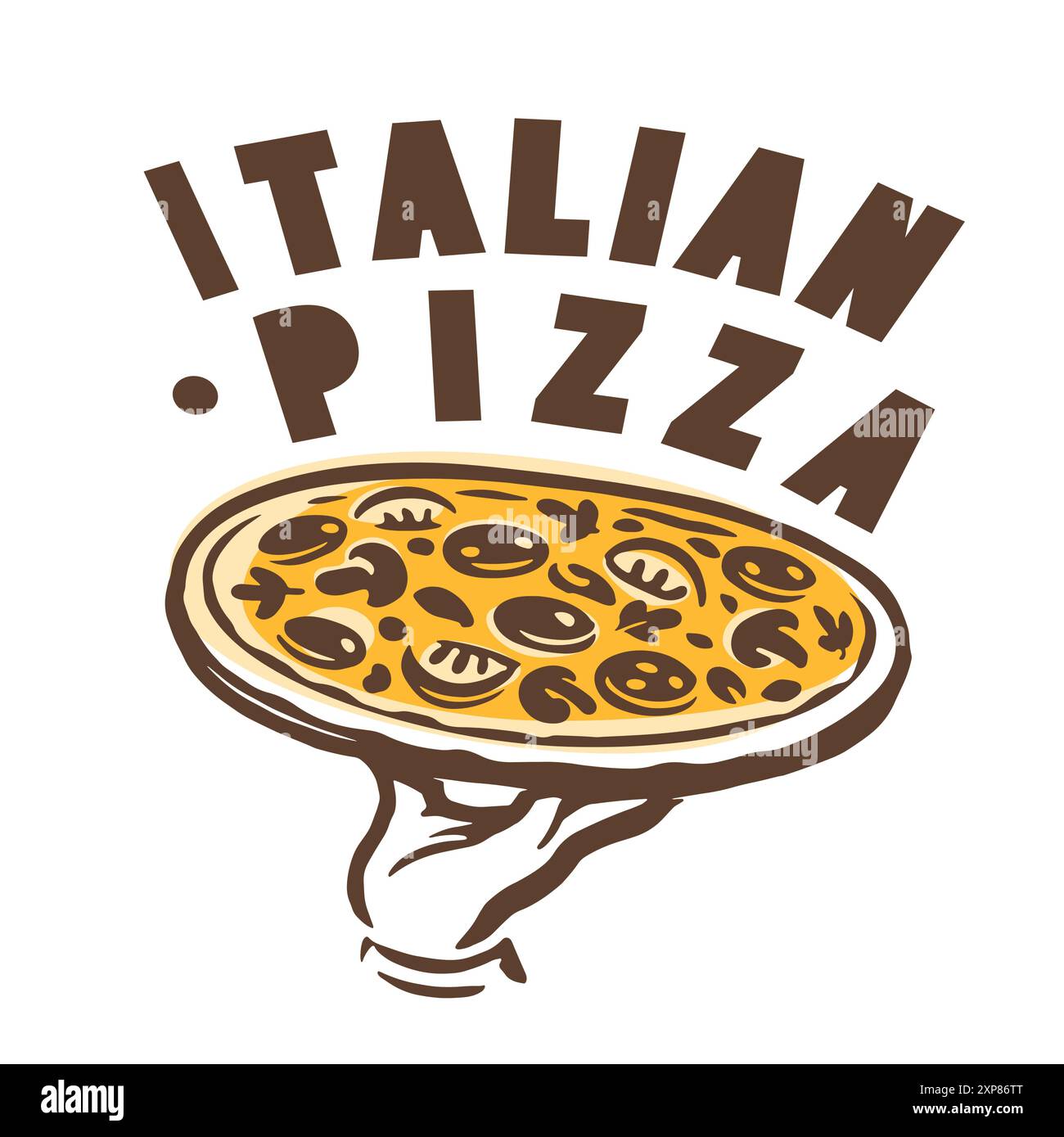 Round pizza on tray in cook hand, advertising banner. Italian food ...