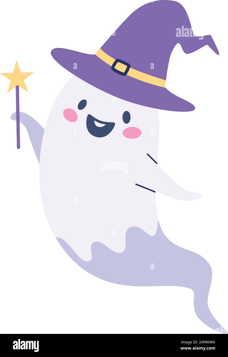 Cute ghost witch in hat with magic wand cartoon character isolated on ...