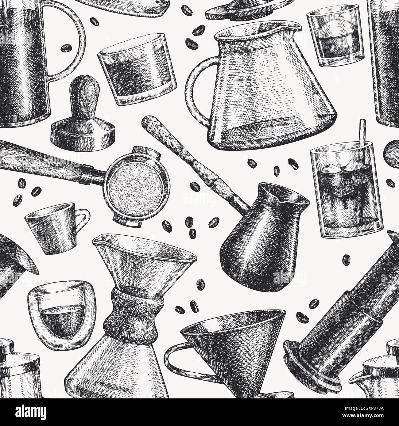 Alternative Coffee Makers Seamless Pattern. Vector Hand Drawn Specialty Coffee Equipment ...