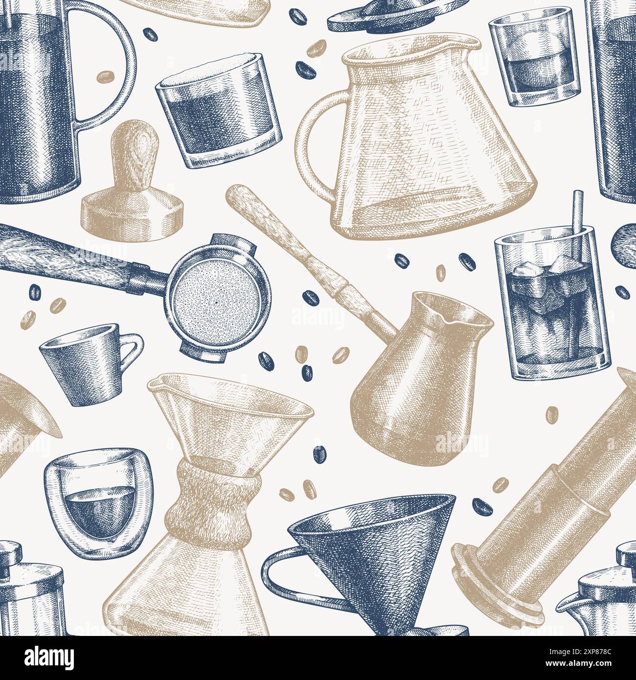 Alternative Coffee Makers Seamless Pattern. Vector Hand Drawn Specialty Coffee Equipment ...