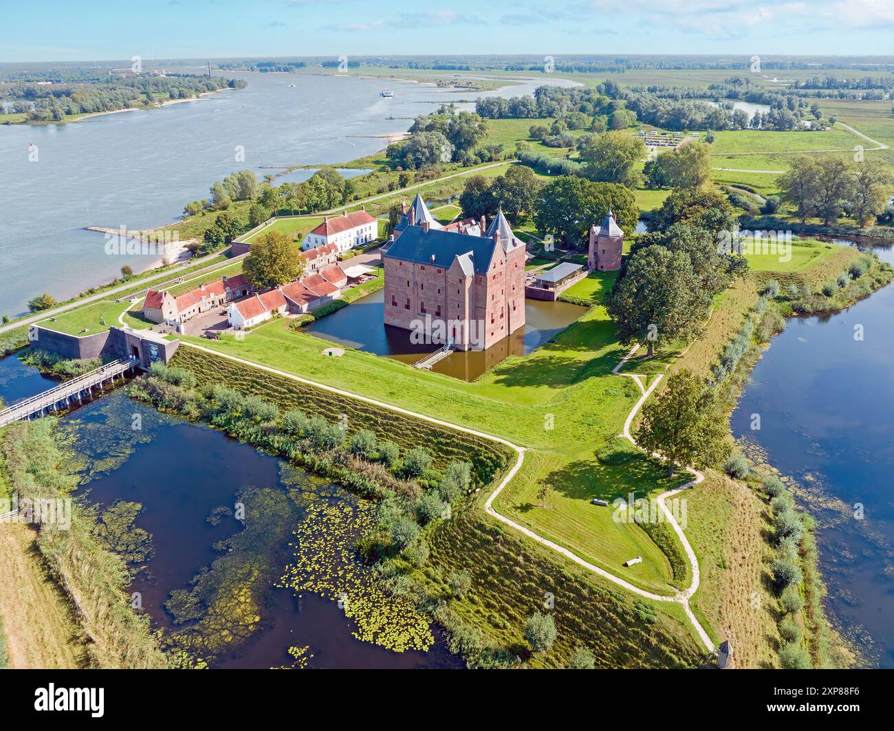 Aerial from castle Loevestein at the river Merwede in the Netherlands ...
