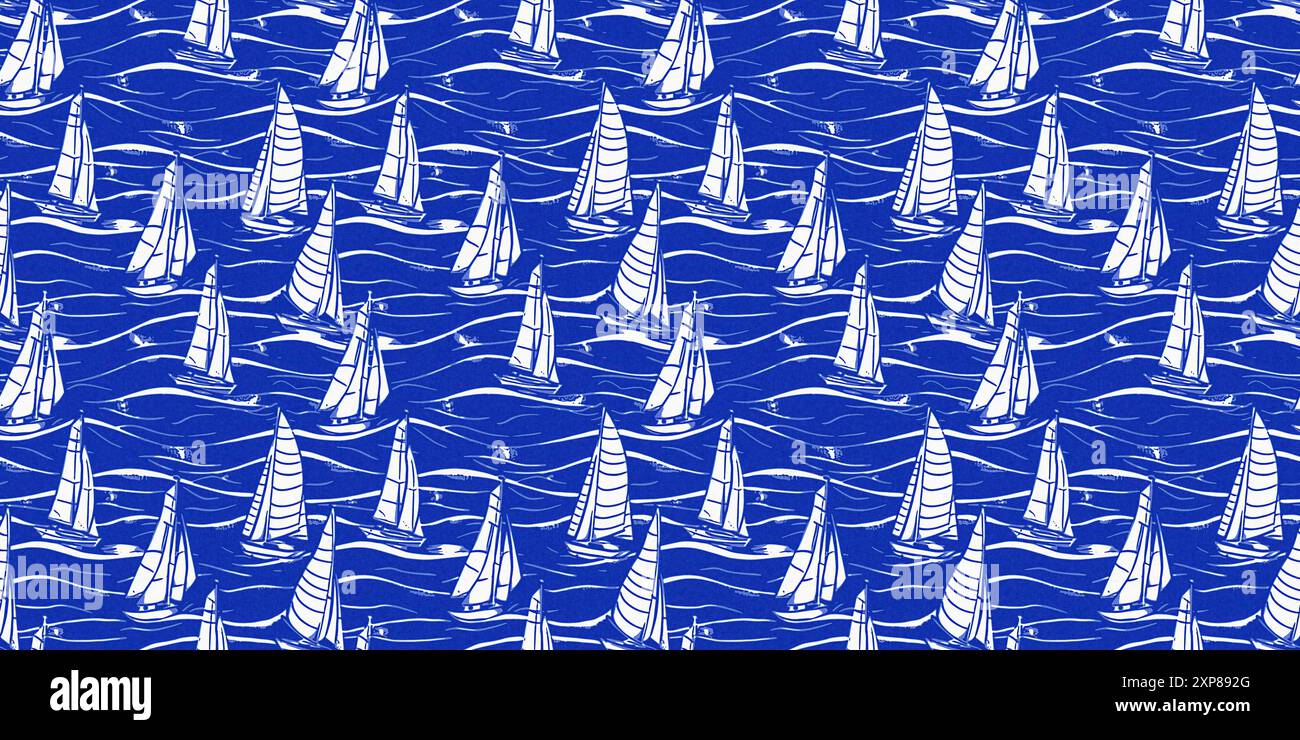 Coastal sail boat in azure ocean blue seamless border background ...