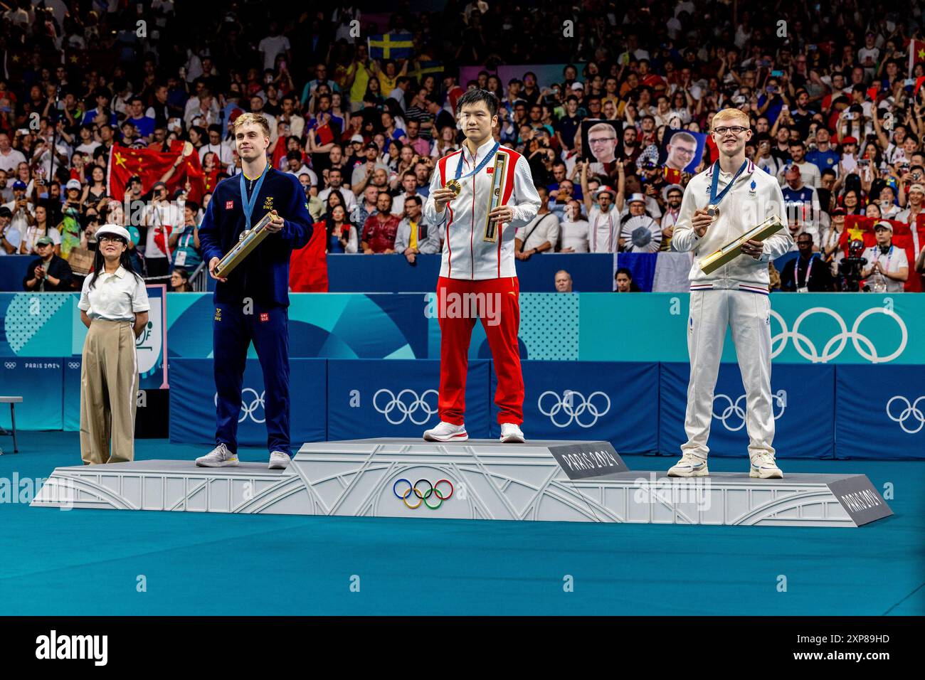 Siegerehrung mit Truls Moregard (SWE), Fan Zhendong (CHN) und Felix ...
