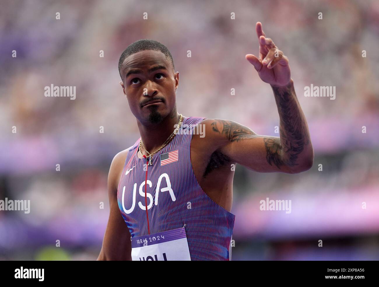 USA's Quincy Hall following the Men's 400m heats at the Stade de France ...