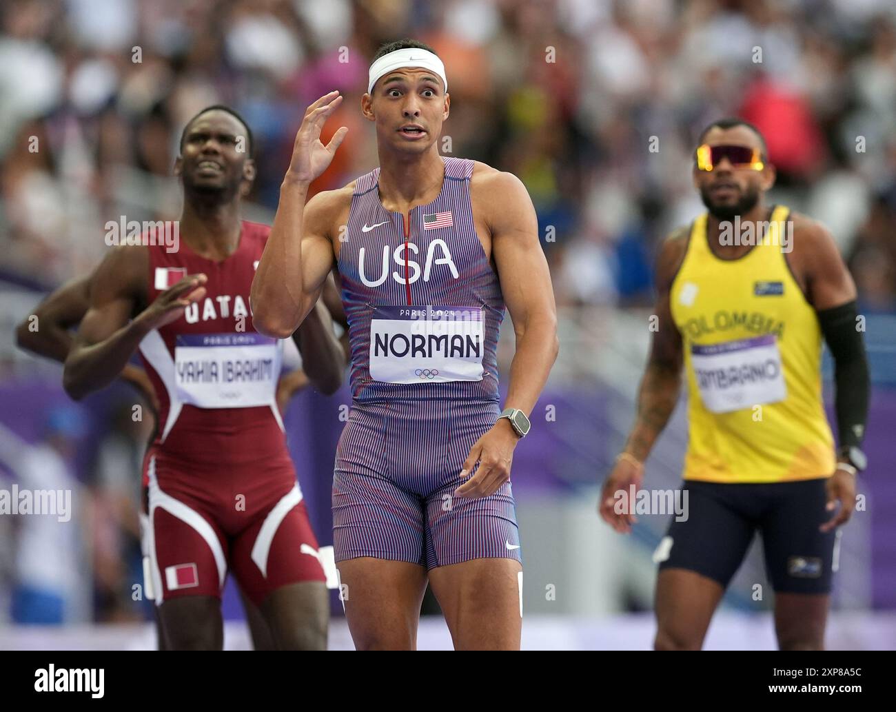 USA's Michael Norman following the Men's 400m heats at the Stade de France on the ninth day of ...