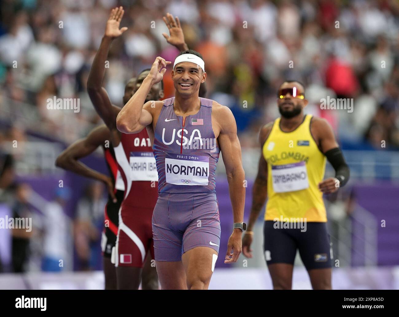 USA's Michael Norman following the Men's 400m heats at the Stade de France on the ninth day of ...