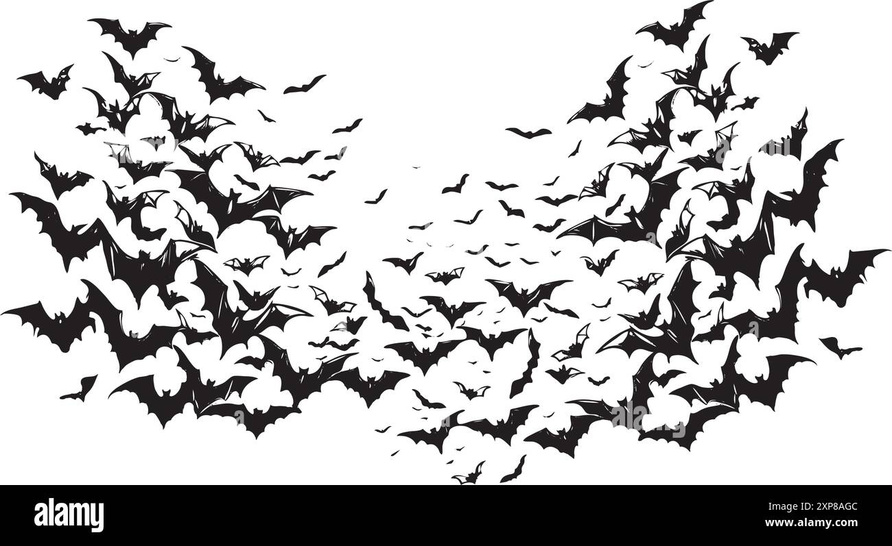 Black and white illustration of bats with a dynamic and eerie feel ...