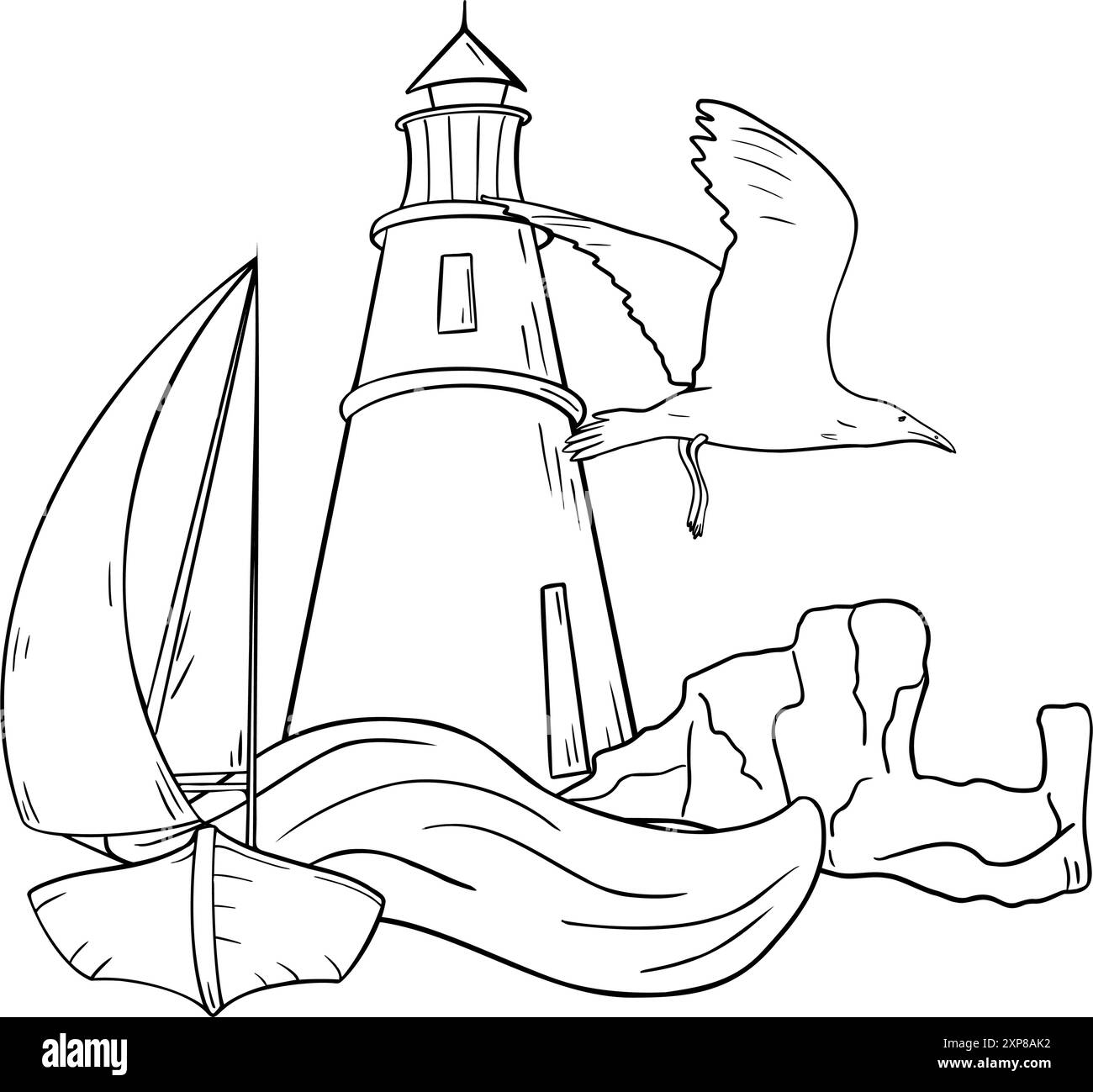 Sailing ship on wave black and white line art. Seascape with lighthouse ...