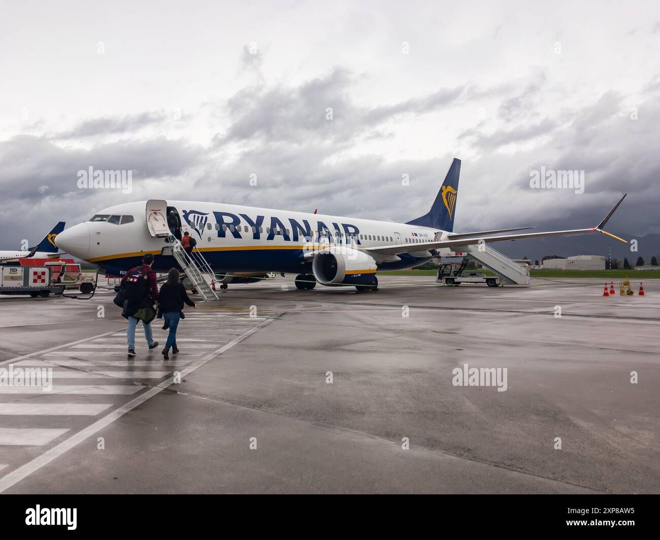 MILANO-BERGAMO, ITALY - APRIL 1, 2024: Boeing 737 MAX 8-200 aircraft of Ryanair airlines on ...