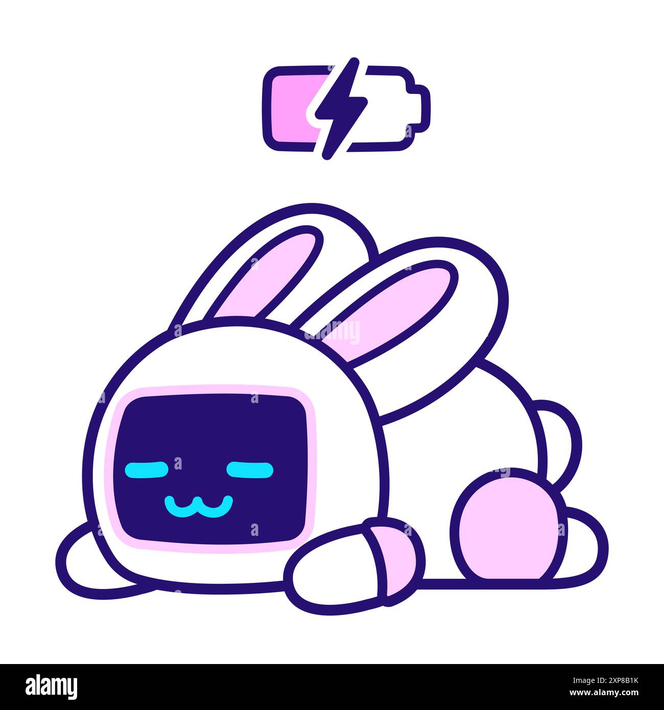 Cute cartoon robot bunny taking power nap with charging battery ...