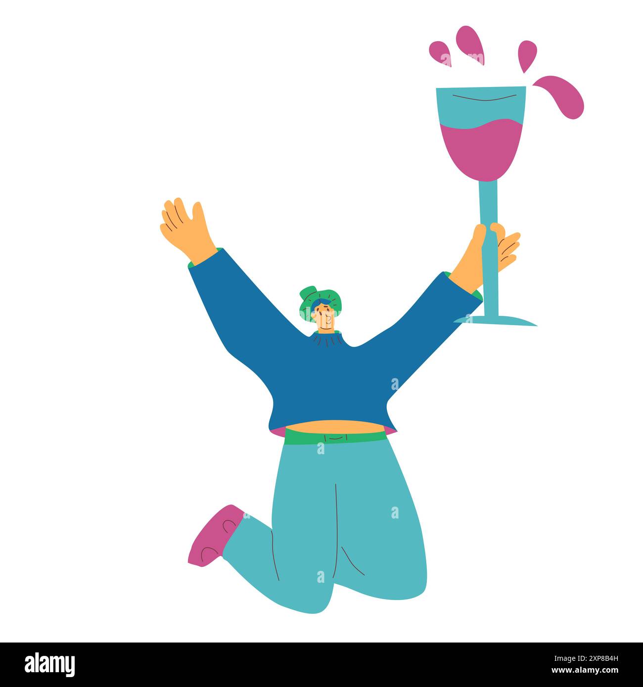 Wine lover. Happy person with huge wineglass. Cute character with ...