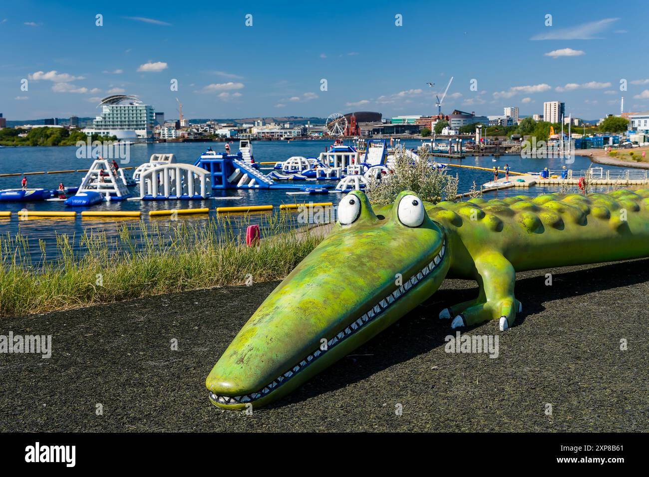 A floating childrens' summer entertainment aqua park in Cardiff Bay ...