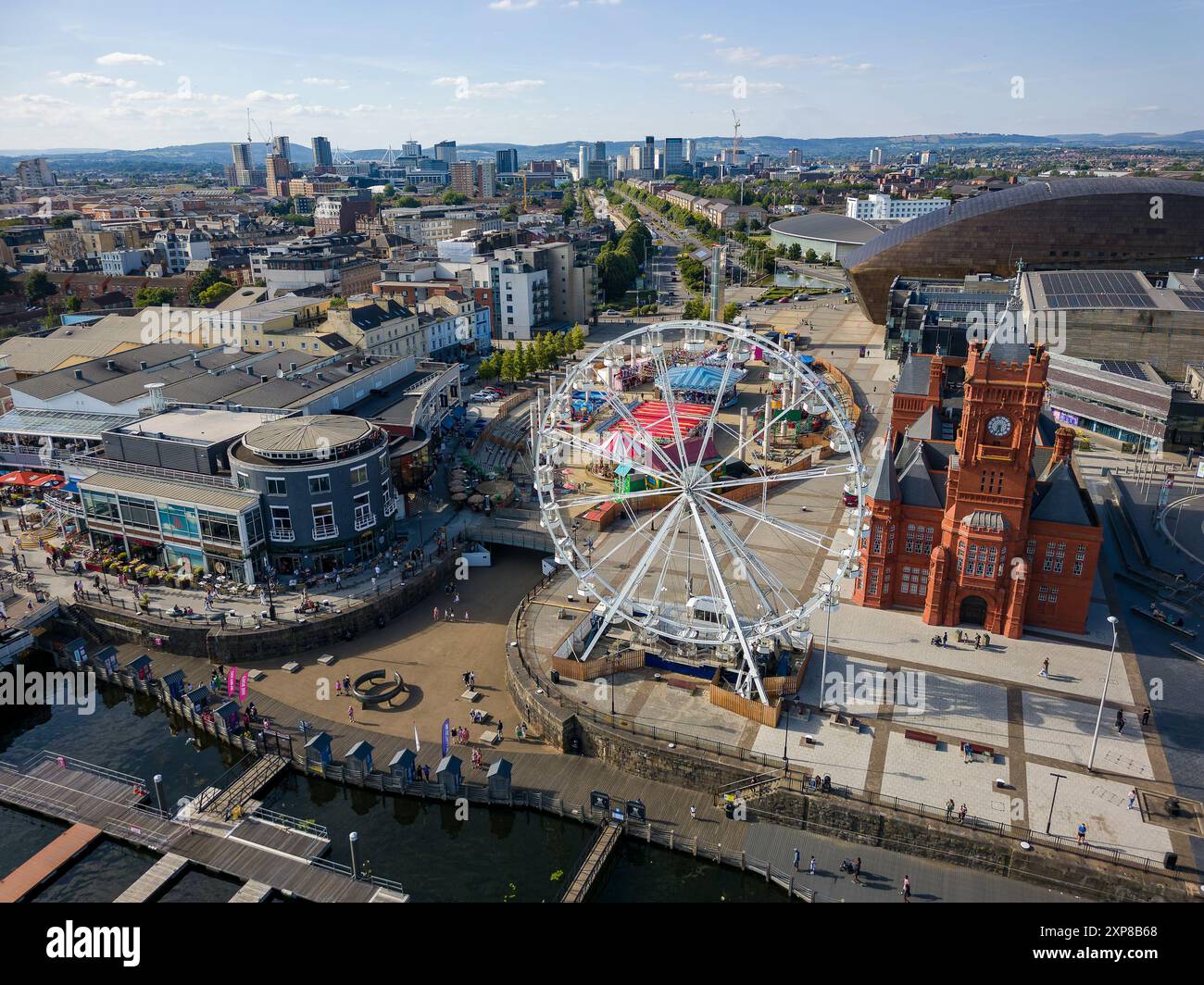 CARDIFF,WALES - JULY 29 2024: Aerial view of Cardiff Bay's Pierhead ...