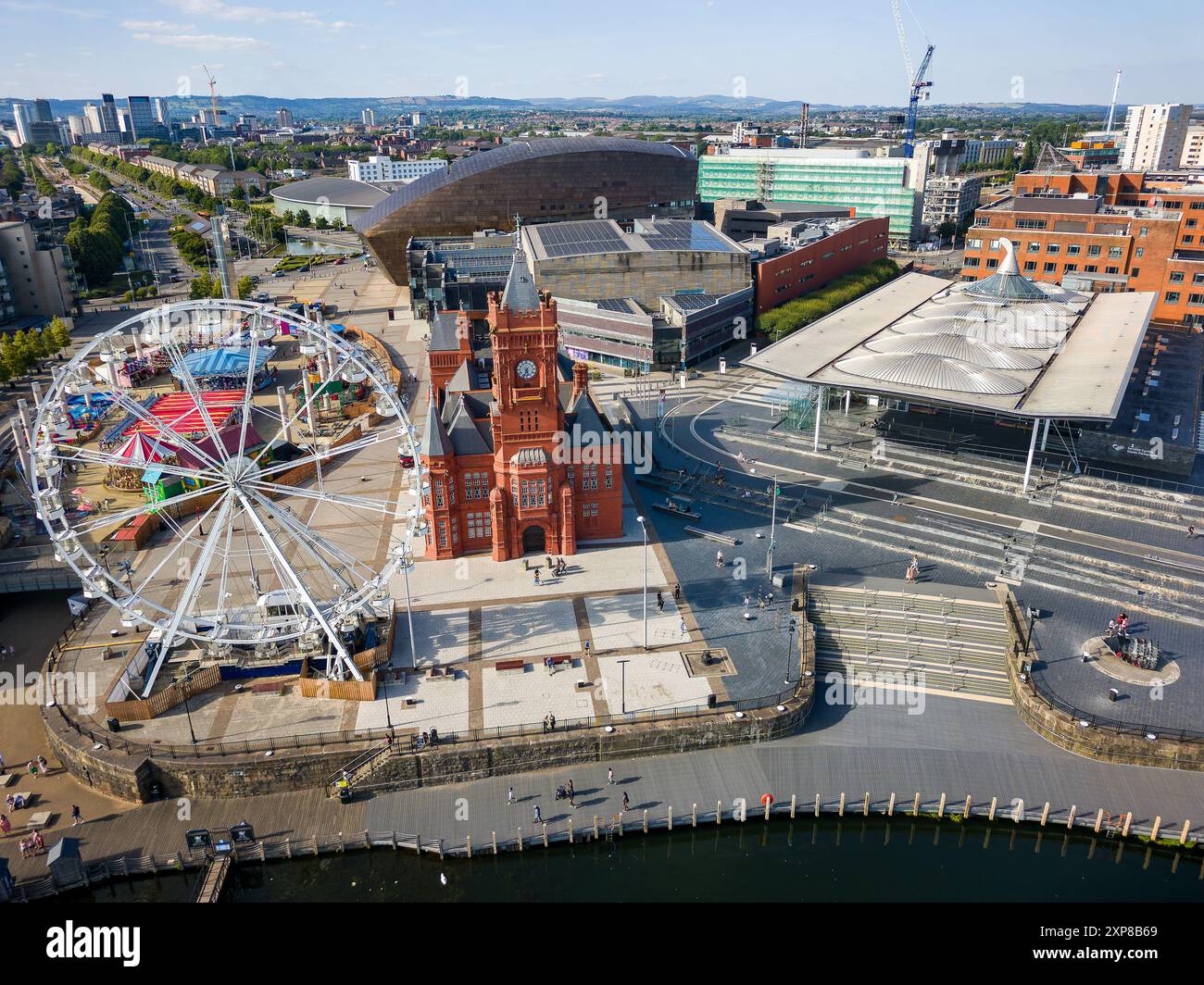 CARDIFF,WALES - JULY 29 2024: Aerial view of Cardiff Bay's Pierhead ...