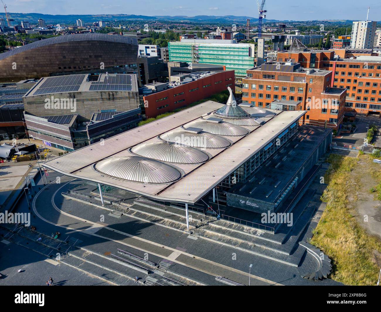 Aerial view of the Welsh Government Senedd building in Cardiff Bay ...