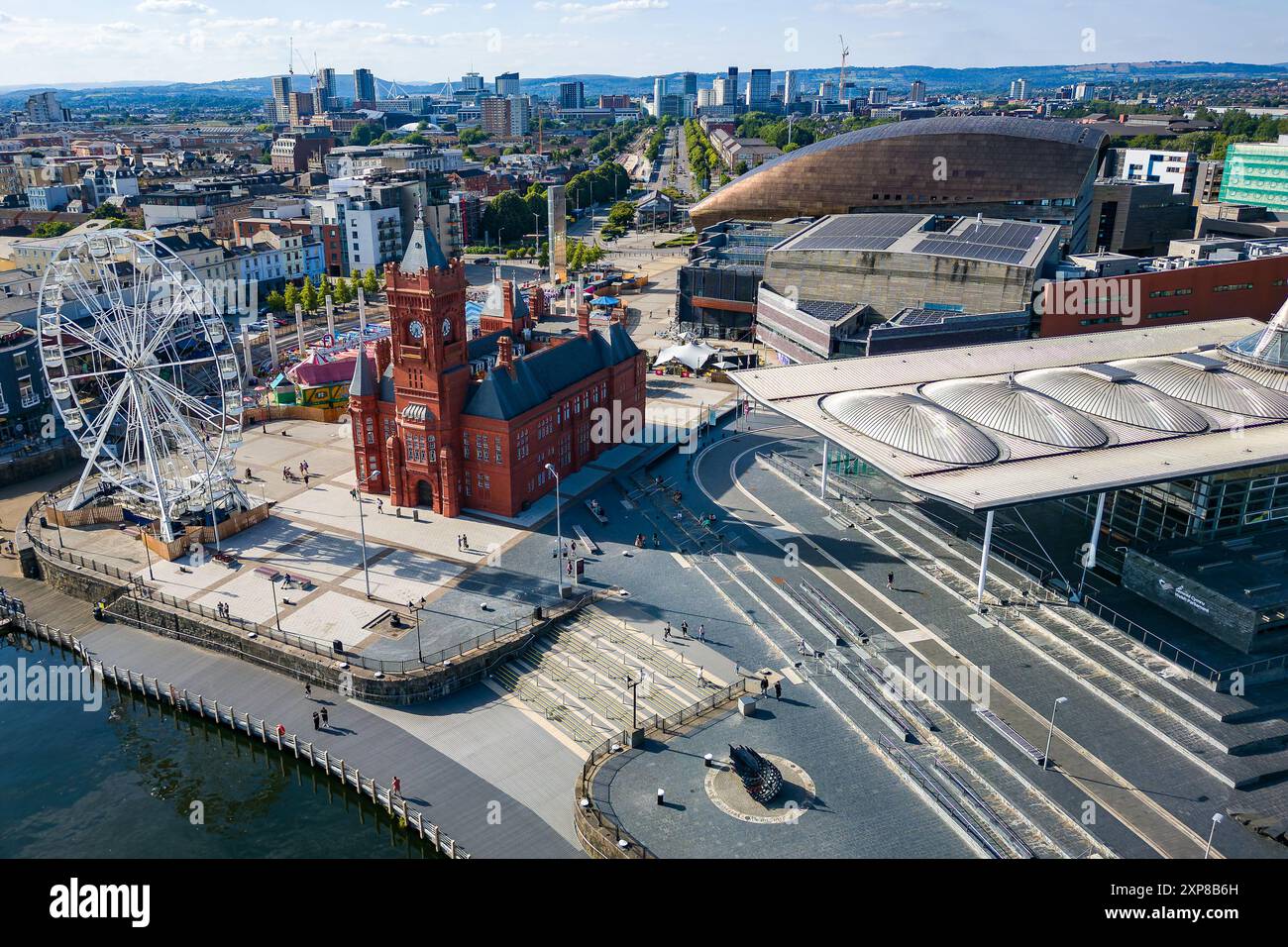Aerial view of the Welsh Government and Pierhead building in Cardiff ...