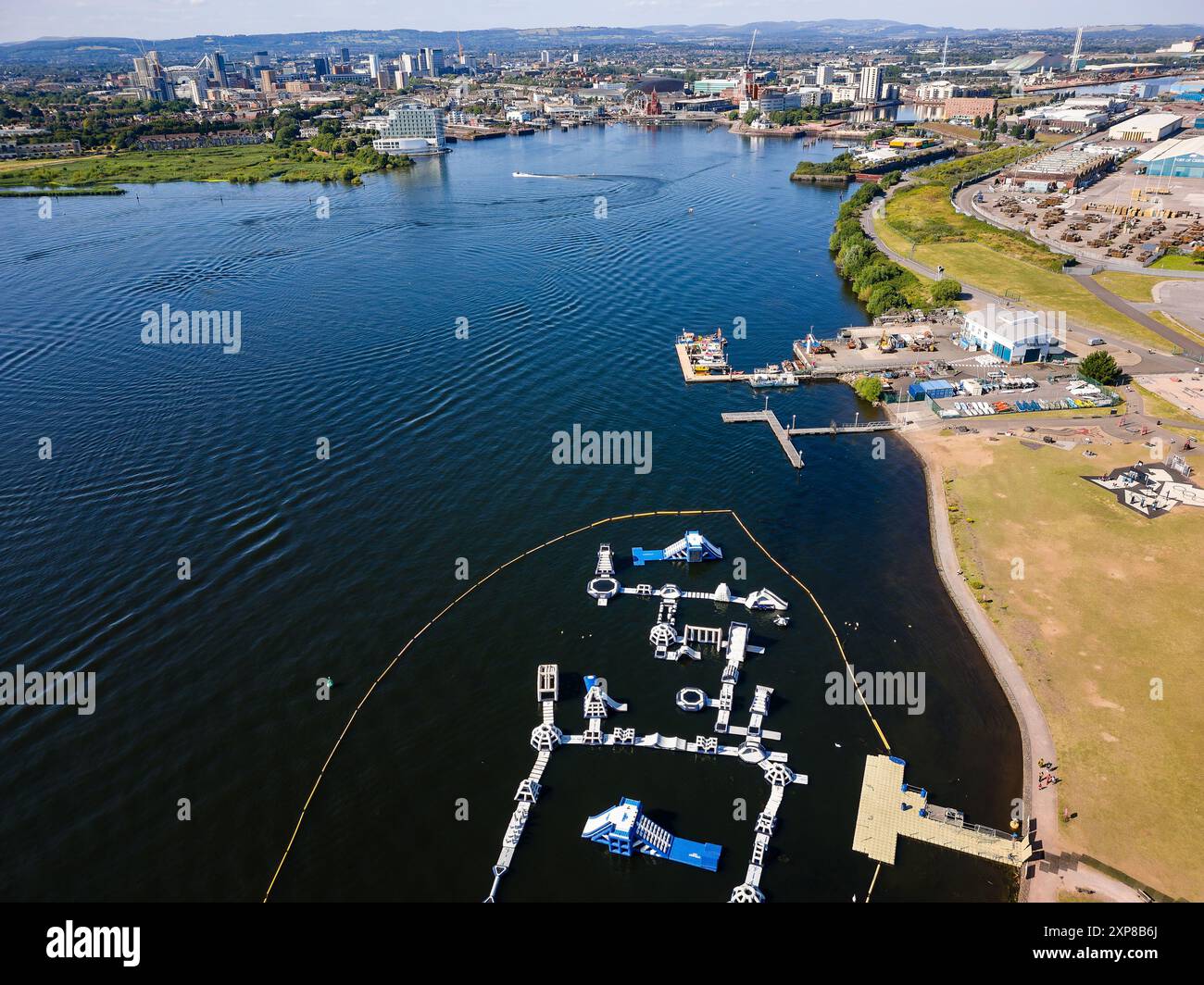 Aerial view of a floating childrens' summer entertainment aqua park in ...