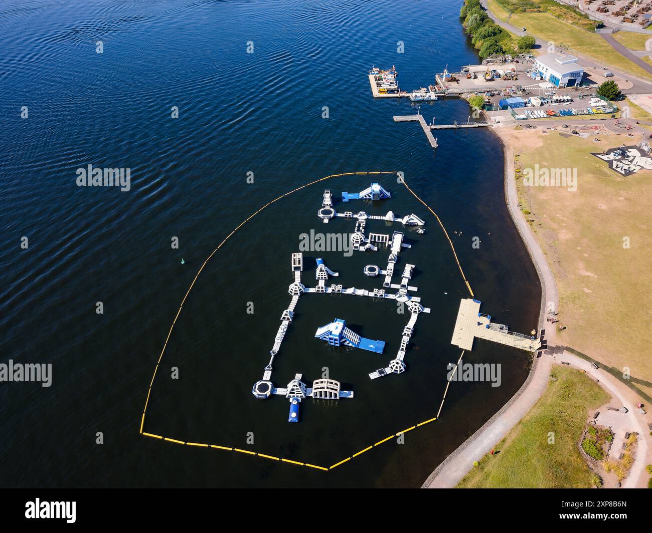 Aerial view of a floating childrens' summer entertainment aqua park in ...