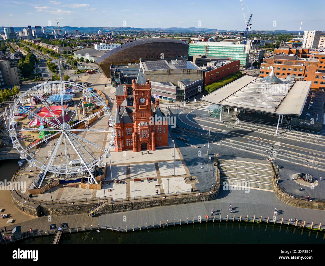 CARDIFF,WALES - JULY 29 2024: Aerial view of Cardiff Bay's Pierhead ...