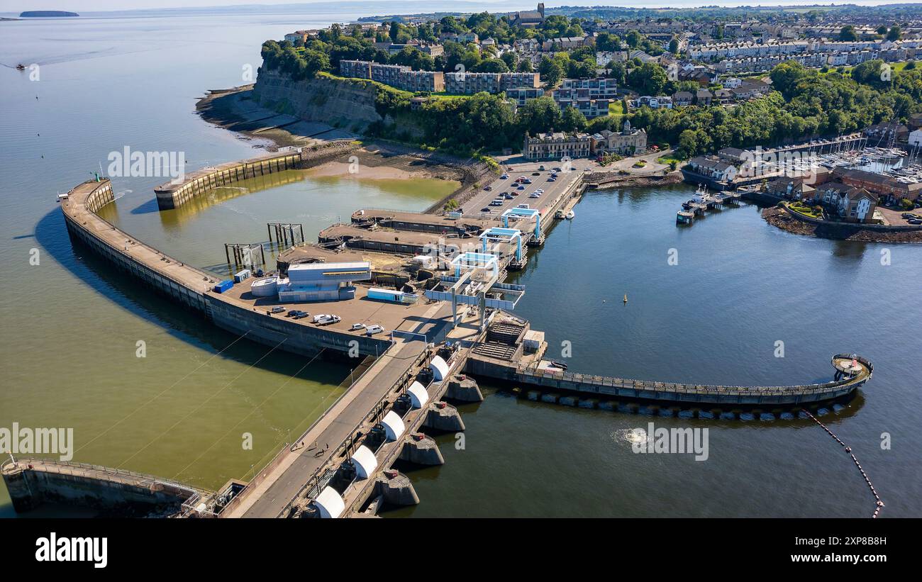Aerial view of the Cardiff Bay lagoon, barrage and Bristol Channel near ...
