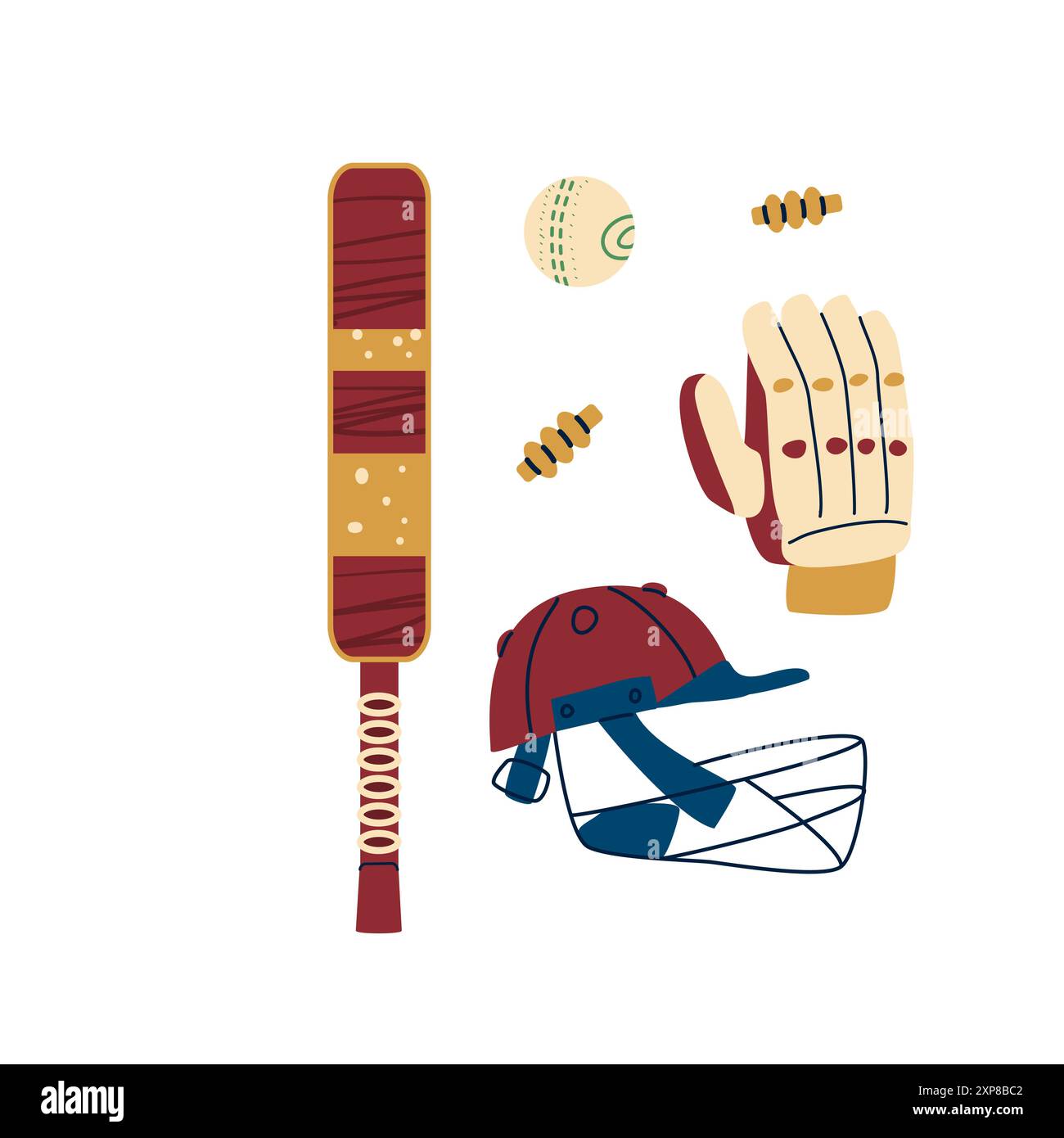 Cricket set. Sport equipment. Bat, ball and helmets. Vector hand drawn ...