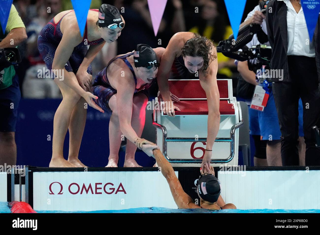 United States' Gretchen Walsh, from left, Lilly King, Regan Smith and ...