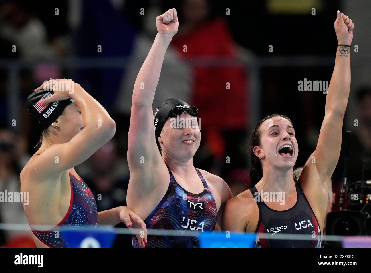 United States' Gretchen Walsh, from left, Lilly King and Regan Smith ...
