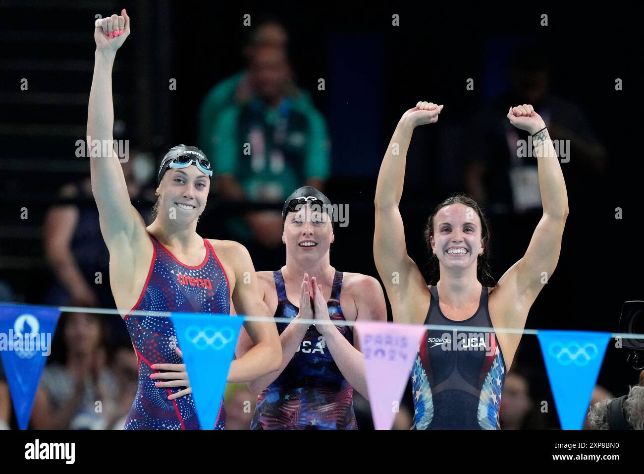 United States' Gretchen Walsh, from left, Lilly King and Regan Smith ...