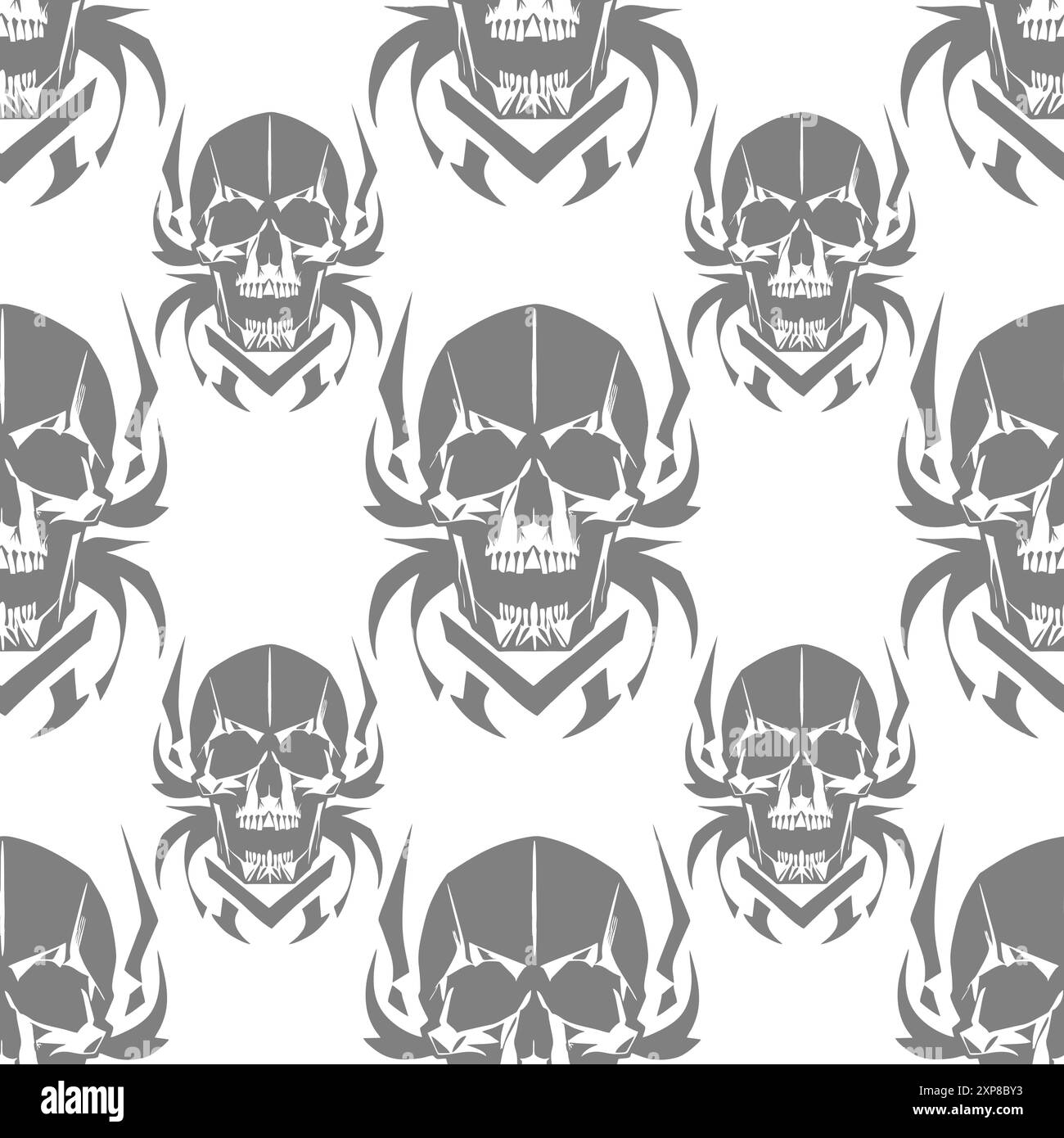 seamless symmetrical pattern of gray human skulls on a white background ...