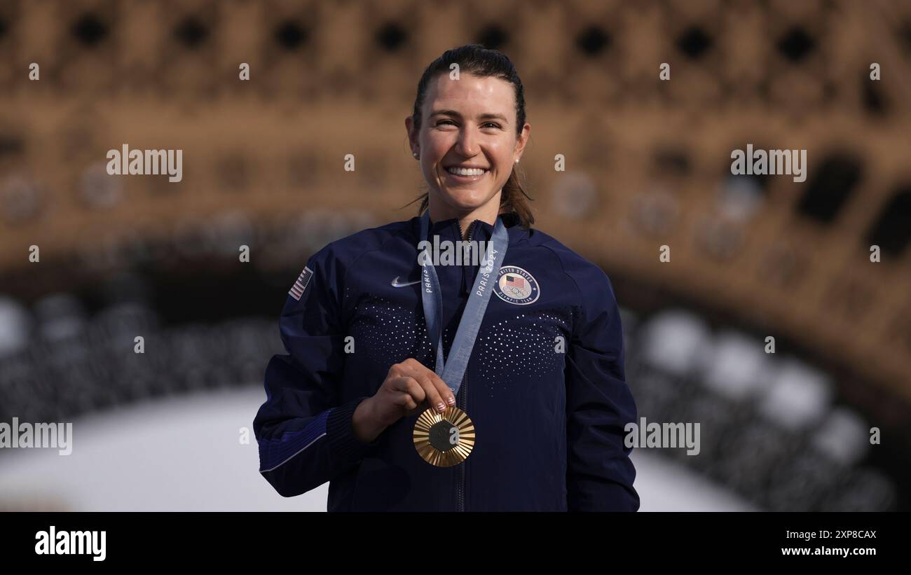 Kristen Faulkner, of the United States, poses with the gold medal of ...