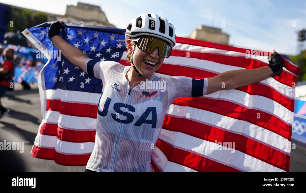 Kristen Faulkner, of the United States, celebrates winning the women's ...