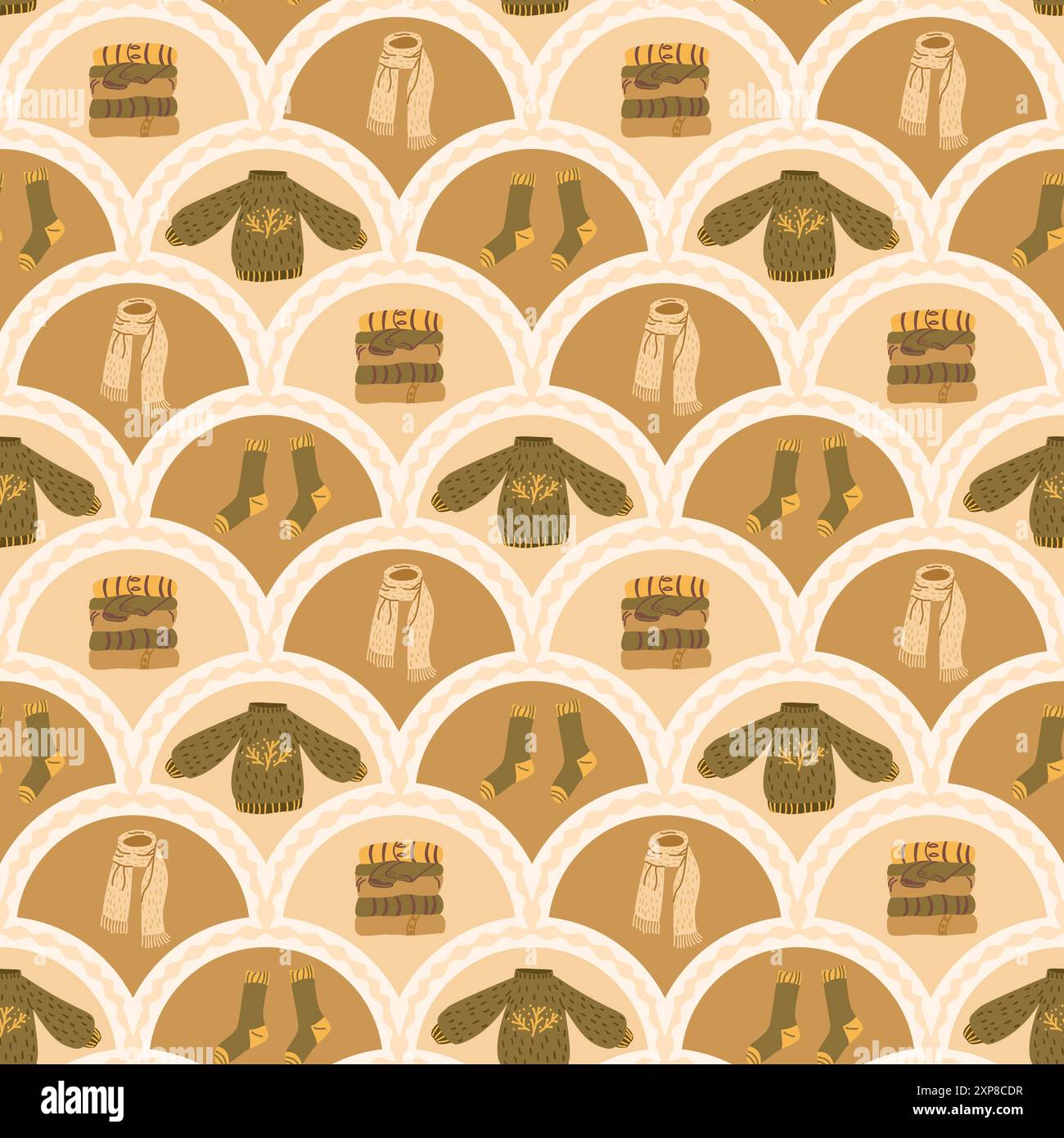 Knitwear scallop seamless pattern. Sweater, scarf, socks and stack of ...