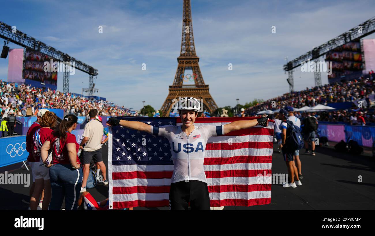 Kristen Faulkner, of the United States, celebrates winning the women's ...