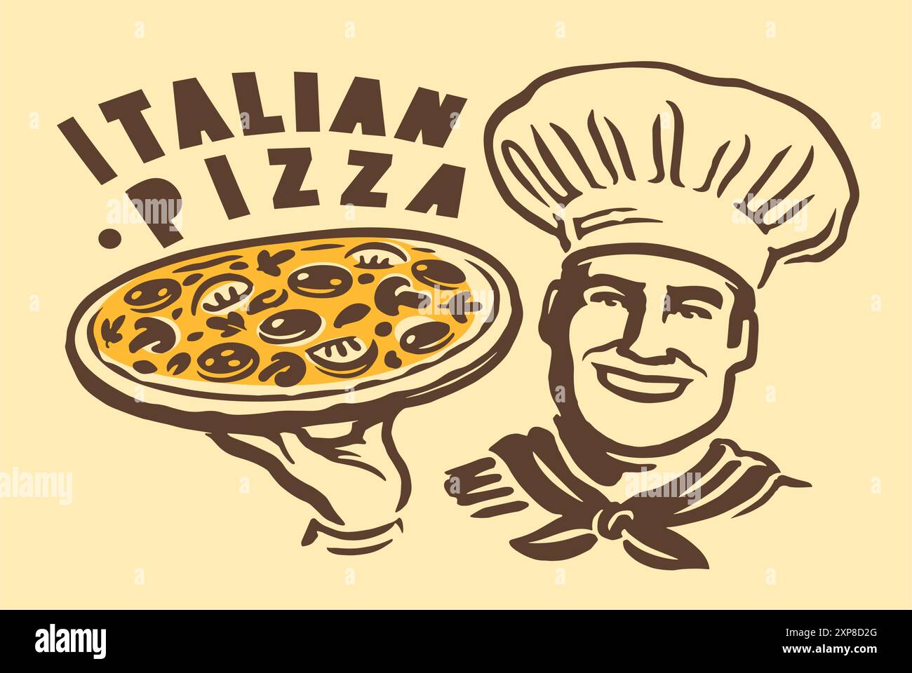 Whole pizza in the chef hand. Italian food, restaurant retro ...