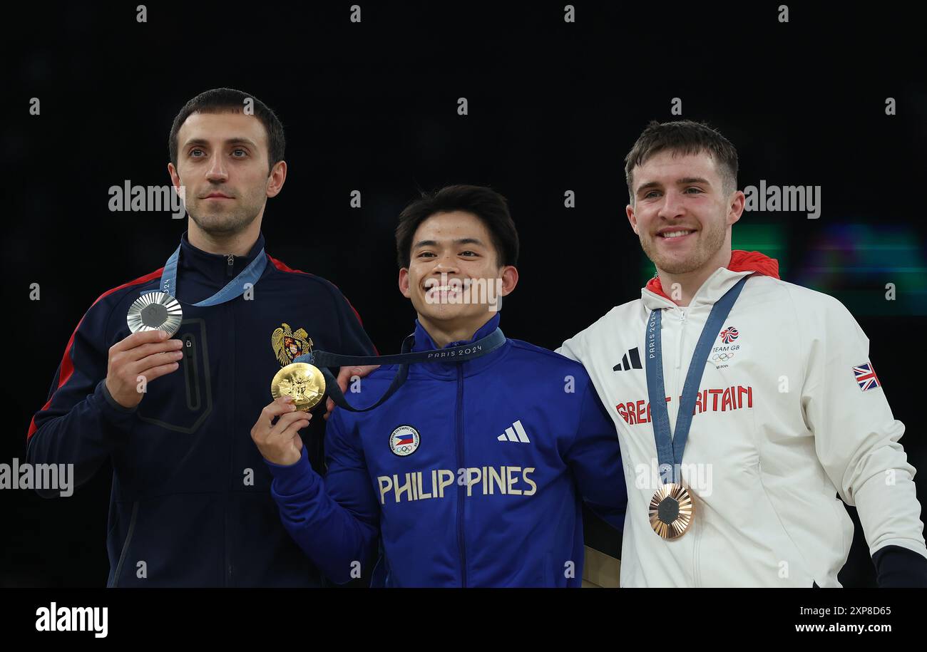 Paris, France. 4th Aug, 2024. Gold medalist Carlos Yulo Edriel of ...