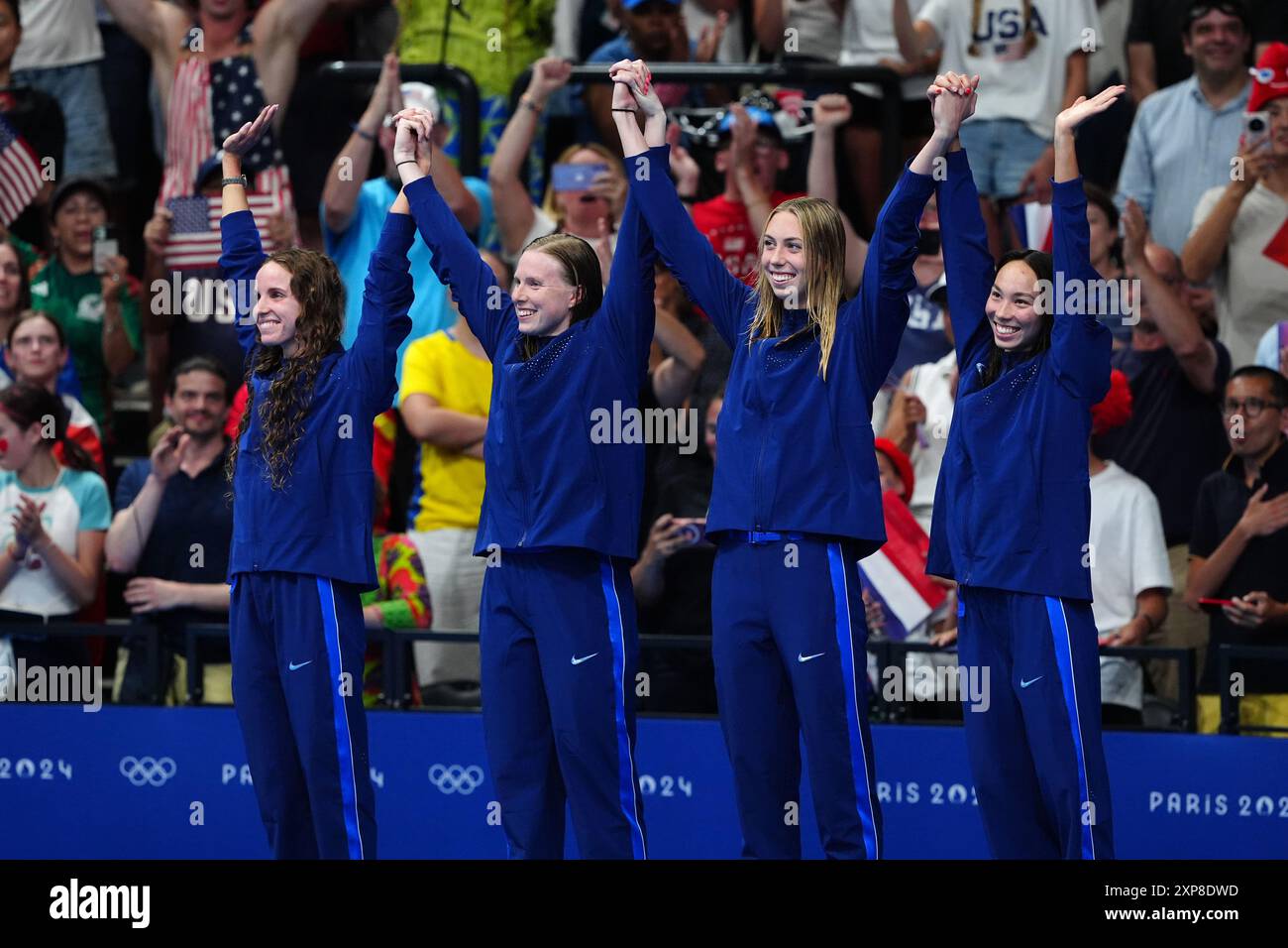 USA's Regan Smith (left), Lilly King, Gretchen Walsh and Torri Huske ...