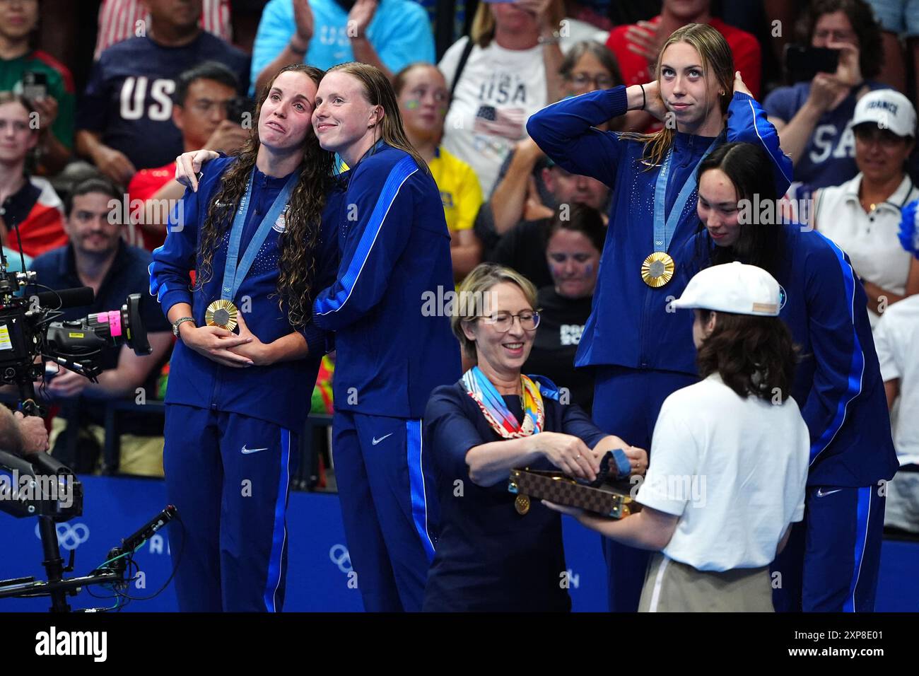 USA's Regan Smith (left), Lilly King, Gretchen Walsh and Torri Huske ...