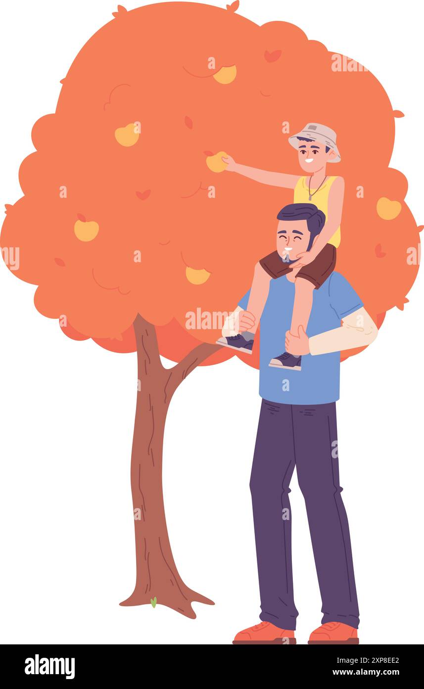 Happy dad and son gather apples from garden tree isolated on white ...