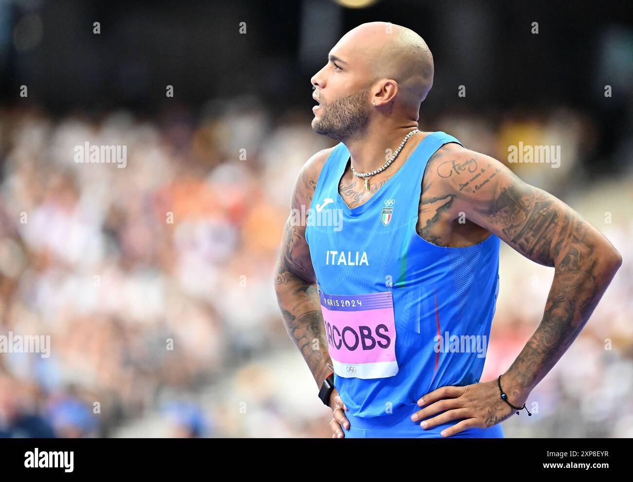 Paris, France. 4th Aug, 2024. Lamont Marcell Jacobs of Italy reacts ...