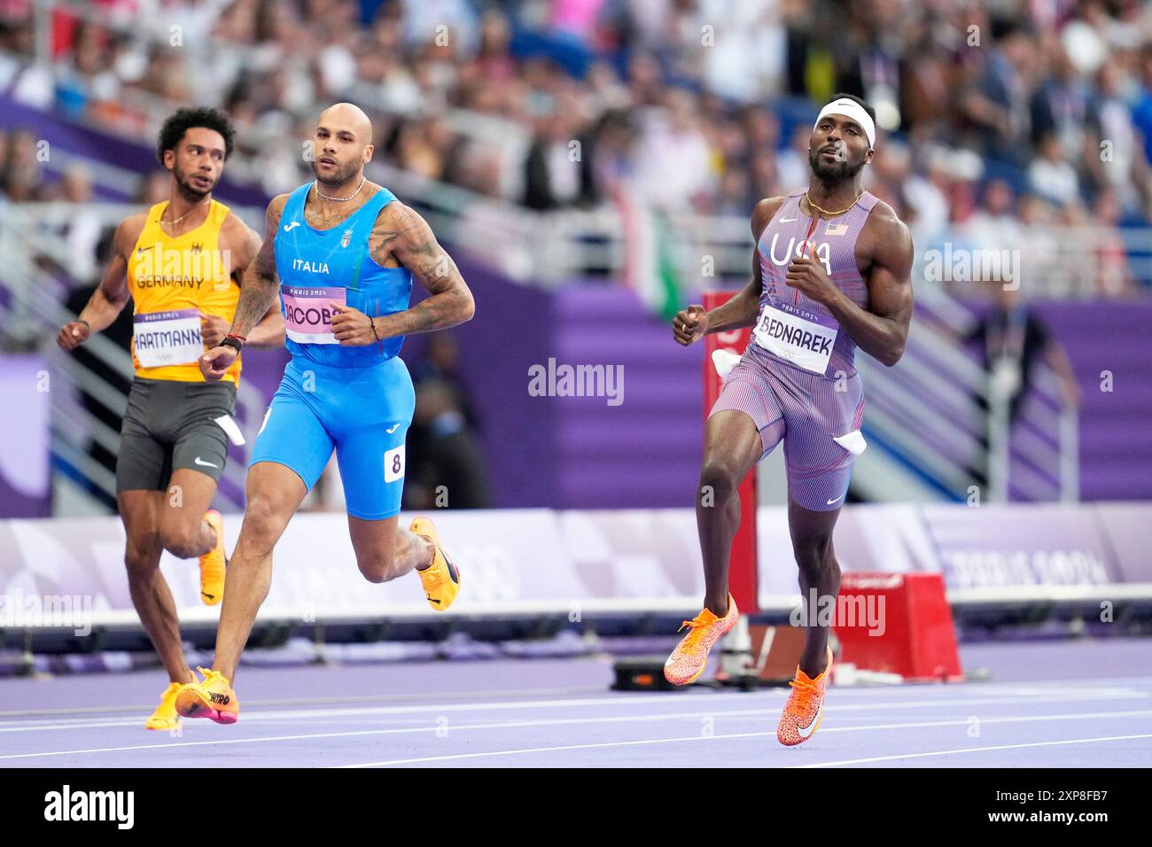 Kenneth Bednarek, of the United States, Lamont Marcell Jacobs, of Italy ...